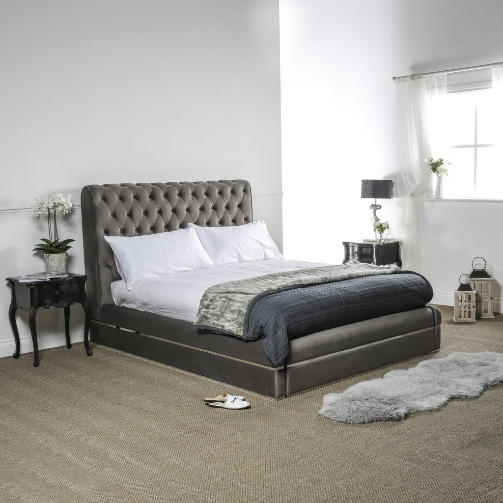 French Grey Velvet Chesterfield King Size Bed | Grosvenor Furniture